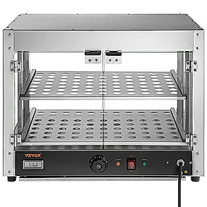 VEVOR Commercial Food Warmer Display, 2 Tiers, 800W Pizza Warmer w/ 3D Heating 3-Color Lighting Bottom Fan, Countertop Pastry Warmer w/Temp Knob & Display 0.6L Water Tray, Stainless Frame Glass Doors