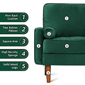 Vesgantti 58 inch Loveseat Sofa, 2 Seater Sofa for Small Space, Button Tufted Green Velvet Couch with 2 Pillows, Mid Century Modern Couch w/Armrest, Small Couches for Living Room, Bedroom, Apartment