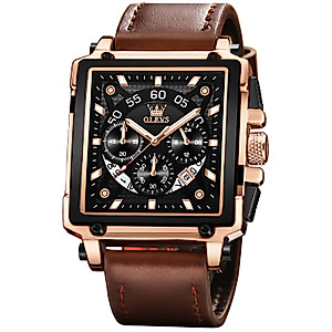 OLEVS Square Watches for Men Brown Leather Chronograph Fashion Business Watch Luminous Waterproof Casual Wrist Watches