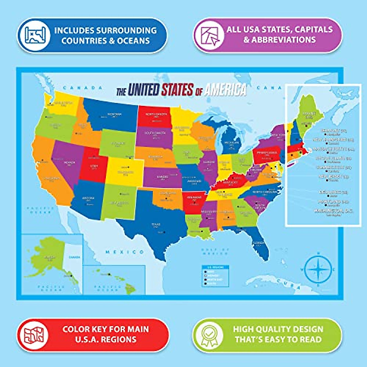 Classroom Wall Posters - Solar System, Periodic Table, World Map & USA Maps for Kids - Visual Learning Aid for Children and Schools - Laminated & Durable