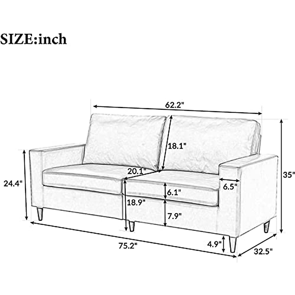 DNYN Modern PU Leather Sofa, Upholstered 3-Seater Couch w/Solid Frame and Wood Legs for Home or Office, Black
