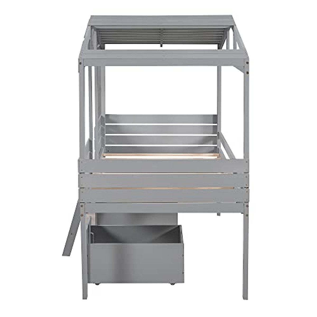 Merax Twin Kids Wood Low Loft House Bed with Drawers and Ladder Loft Bunk Bed for Juniors,Boys, Girls,No Box Spring Needed, Gray
