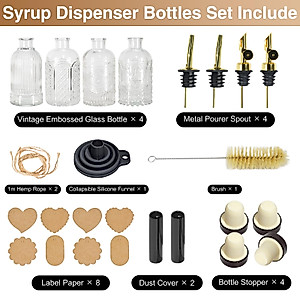 Coffee Syrup Dispenser Bottles Set 4 Pcs, 7oz/200ml Coffee Bar Accessories with Metal Pour Spout, Simple Syrup Bottles for Coffee Syrups, Honey, Condiments, Olive Oil, with Label, Funnel, Cork, Brush