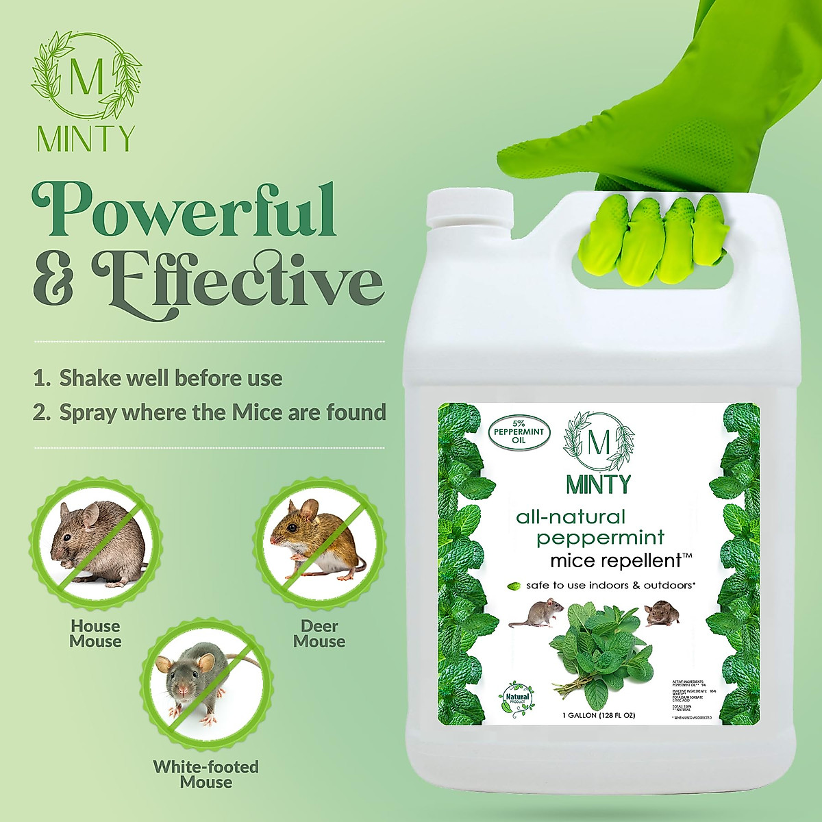 Minty Mice Repellent, Natural 5% Peppermint Oil Spray for Mice, Mouse, Rats and Rodents Indoor and Outdoor, House and Car Engine Use, 128 fl oz