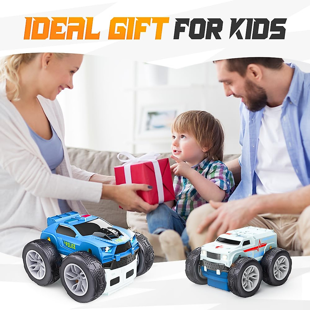 BEZGAR TD201 Remote Control Car-Police&Ambulance Car 2 in 1 Double Sided RC Stunt Car with 360 Flip Spinning Toy Car Vehicle Gifts for Boys Kids