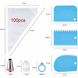 Piping Bags and Tips Set, Cakes Decorating Supplies Kit with 100pcs 12 Inch Pastry Bags, 16 Piping Tips, 3 Cake Scraper, 2 Couplers, 2 Bag Ties, Simple and Convenient Baking Supplies Set
