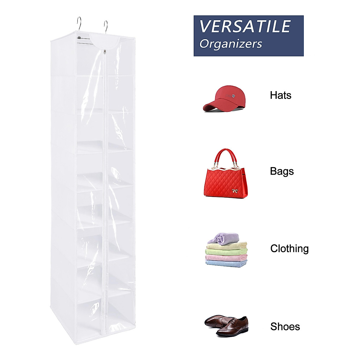 Libeder Hanging Closet Organizer, 8-Shelf Wardrobe Clothes Storage Organizer with Zipper,Hanging Shelves for Sweater,Shoes,Purse,Hats,White