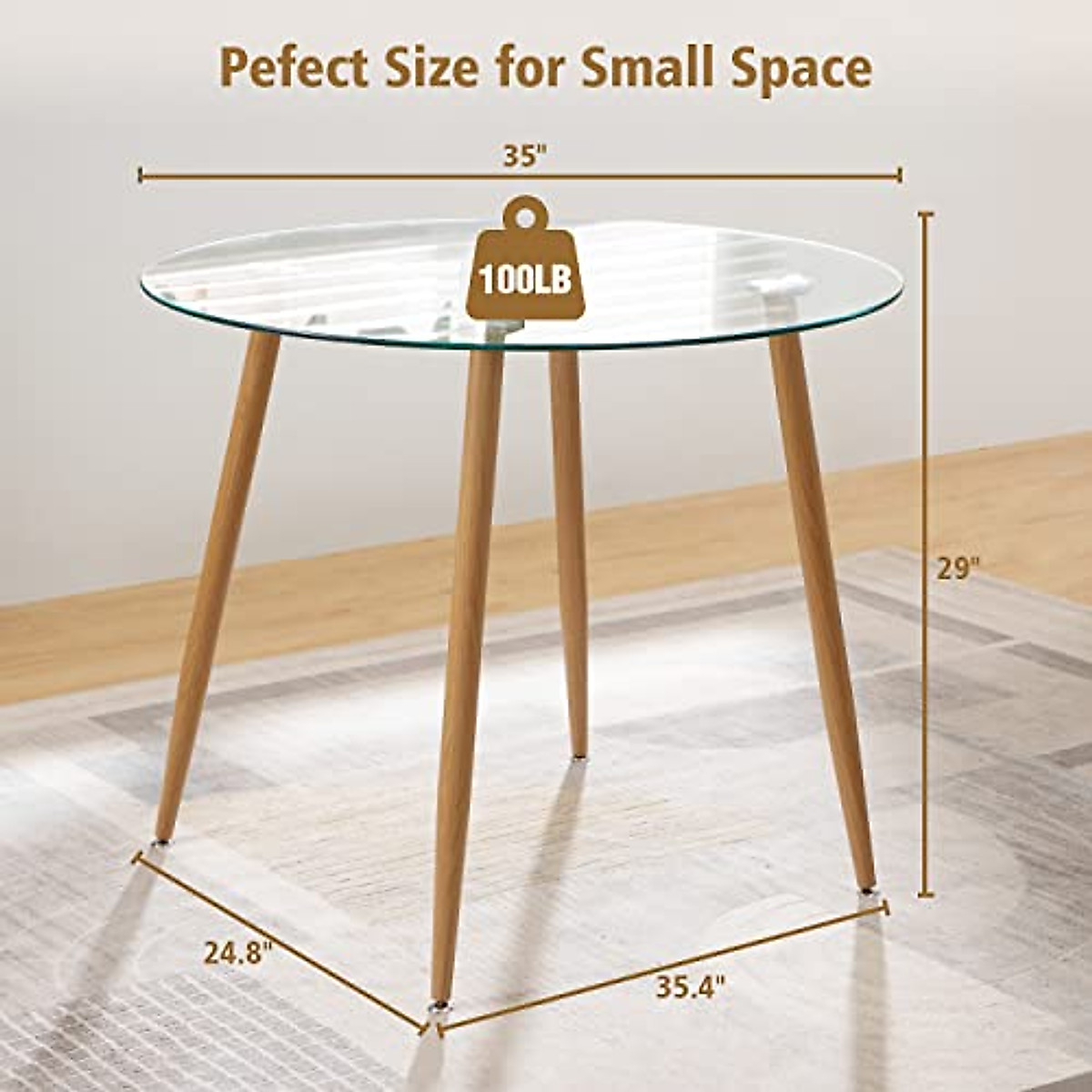 STYLIFING Round Glass Dining Table - Tempered Glass Kitchen Table Dining Room Table - Modern Small Round Dining Table for 4 with Wood Printed Transfer Metal Leg Coffee Dinner Table for Living Room