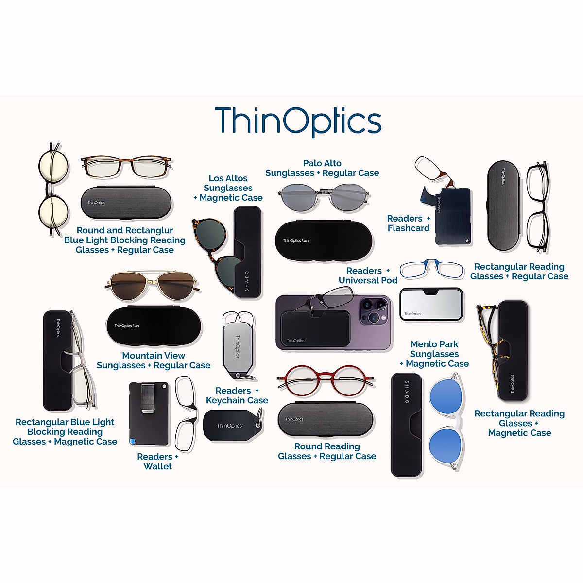 ThinOptics Keychain Case and Readers Rectangular Reading Glasses, Black,Lens Width: 44.45 Millimeters