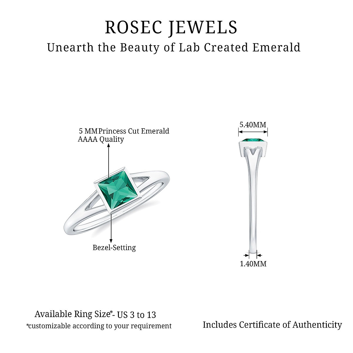 Rosec Jewels Certified Lab Grown Emerald Promise Ring, AAAA Quality, Emerald 5mm Princess Cut Ring - Gift For Her, 14K White Gold, Size:US 6.50