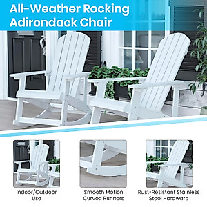 BizChair Poly Resin Wood Adirondack Rocking Chair - All Weather White Polystyrene - Stainless Steel Hardware - Set of 2