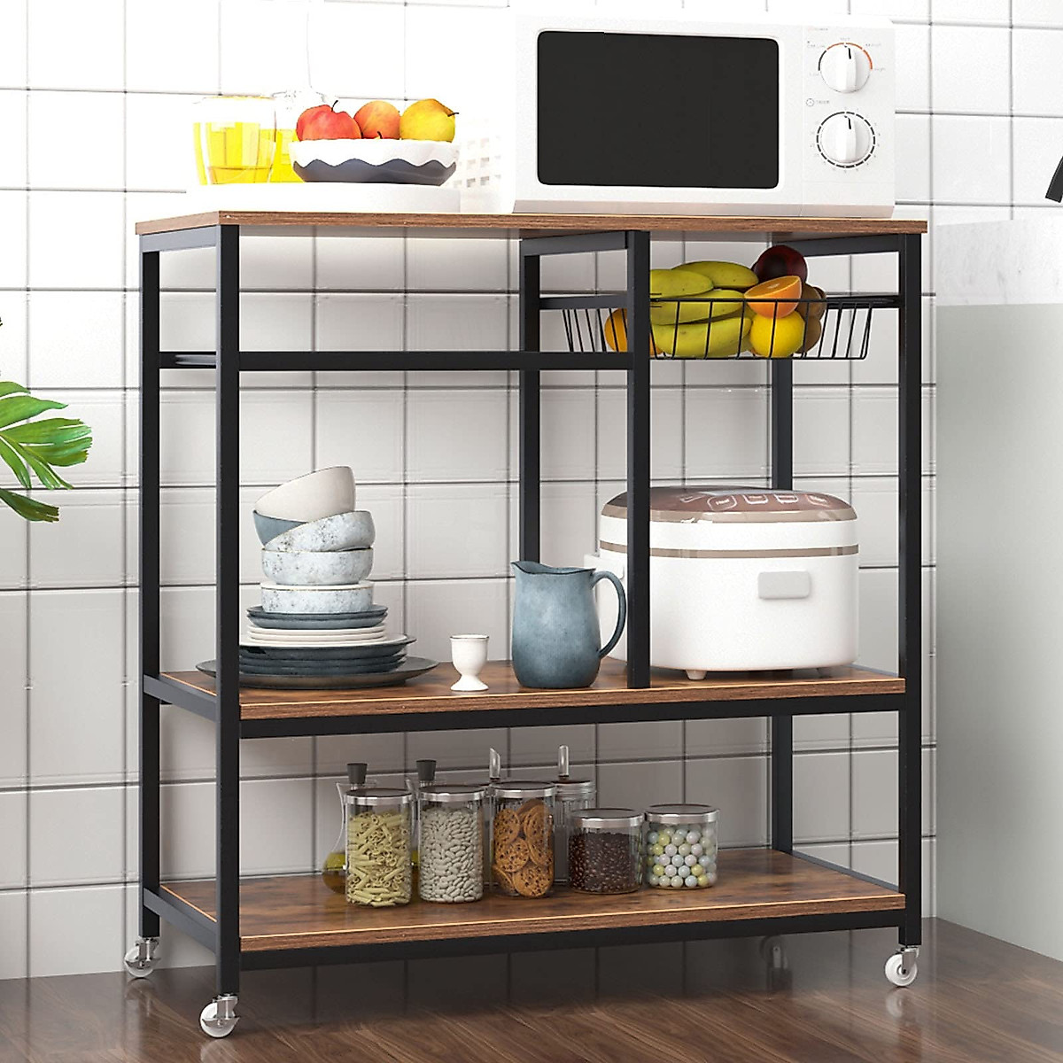 SogesPower Microwave Carts for Kitchen with Storage 3 Tier Rolling Bakers Rack Utility Kitchen Serving Cart on Wheels Outdoor Bar Cart Coffee Station, Dark Brown