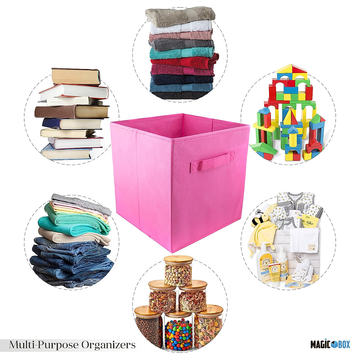 Foldable Storage Bins | Storage Cubes | Storage Bin for Home and Office | Collapsible Storage Bins | Collapsible Fabric Storage Cubes Organizer with Handle | 11 inch cube storage bin (Pink)