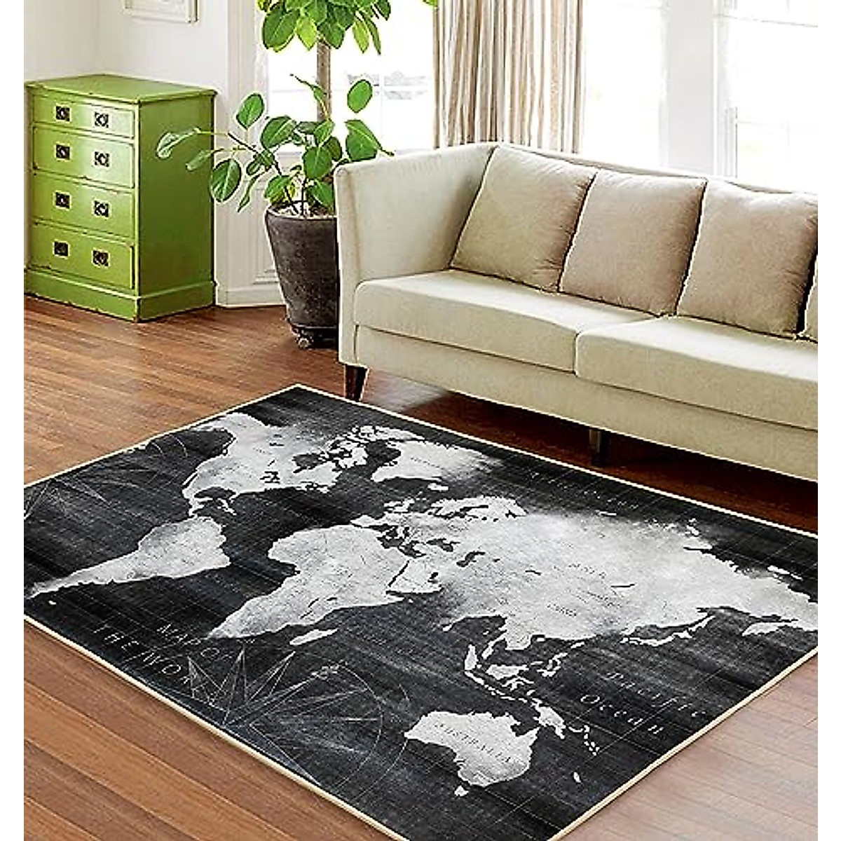 Black Area Rugs for Bedroom, Living Room, World Map Modern Abstract Non-Slip Area Rug Distressed Floor Carpet, 8 x 10 feet