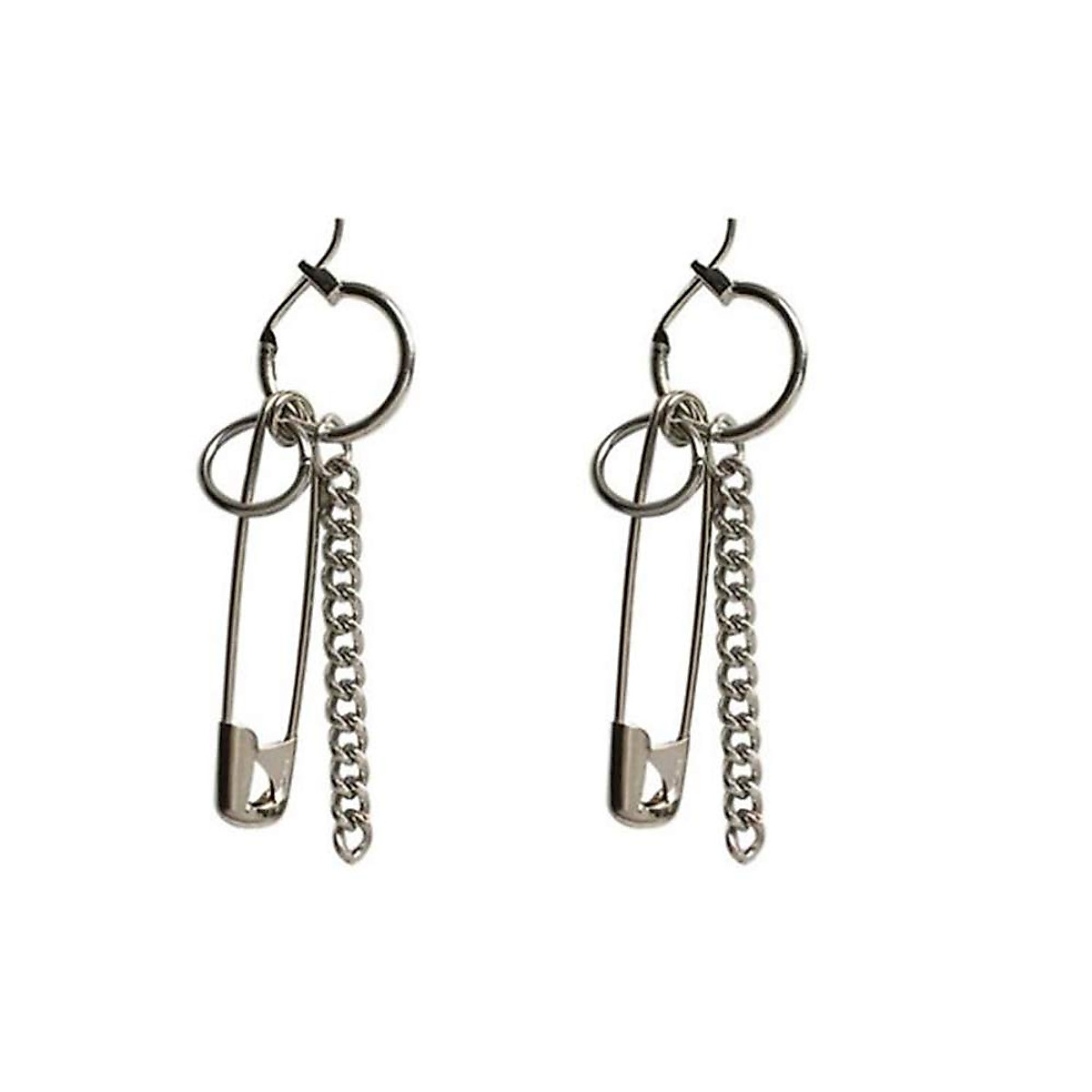 Safety Pin Chain Tassels Dangle Earrings Punk Silver Pin Dangle Earring with Hoop Jewelry for Men and Women (Silver)