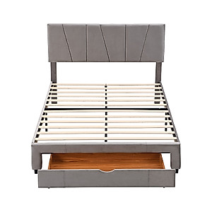 Lepfun Queen Size Upholstery Platform Bed, Wooden Queen Size Platform Bed Frame with 1 Drawer and Adjustable Headboard, Queen Storage Bed for Kids Teens Adult Bedroom (Grey)