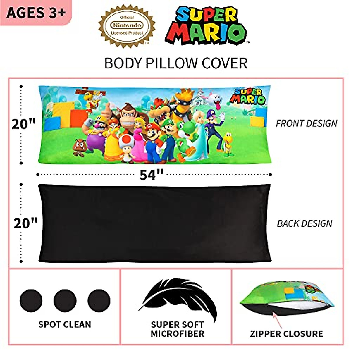Franco Kids Bedding Super Soft Microfiber Zippered Body Pillow Cover, 54 in x 20 in, Super Mario
