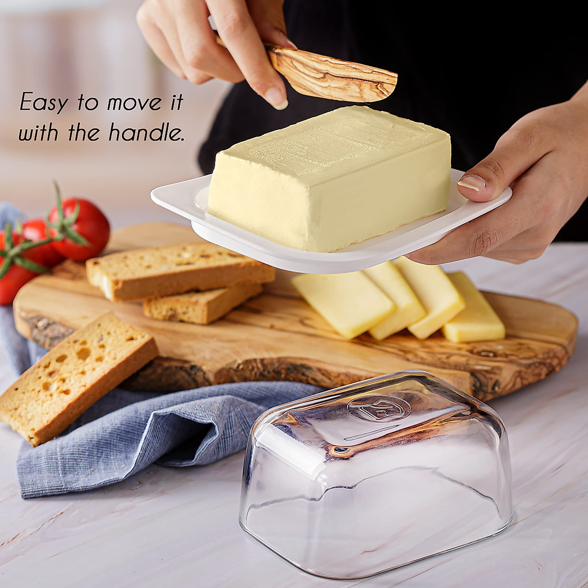 Crystalia Butter Dish with Lid, Large Plastic Butter Keeper with Glass Cover, Cute European Butter Stick Holder, Vintage Butter Tray for Countertop, Big Traditional Clear Glass Cream Cheese Dish