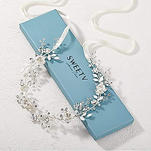 SWEETV Flower-Leaf Bridal Headpieces for Wedding Hair Band for Brides Headband Rhinestone Wedding Headband Silver Flower Girl Bridesmaid Hair Vine