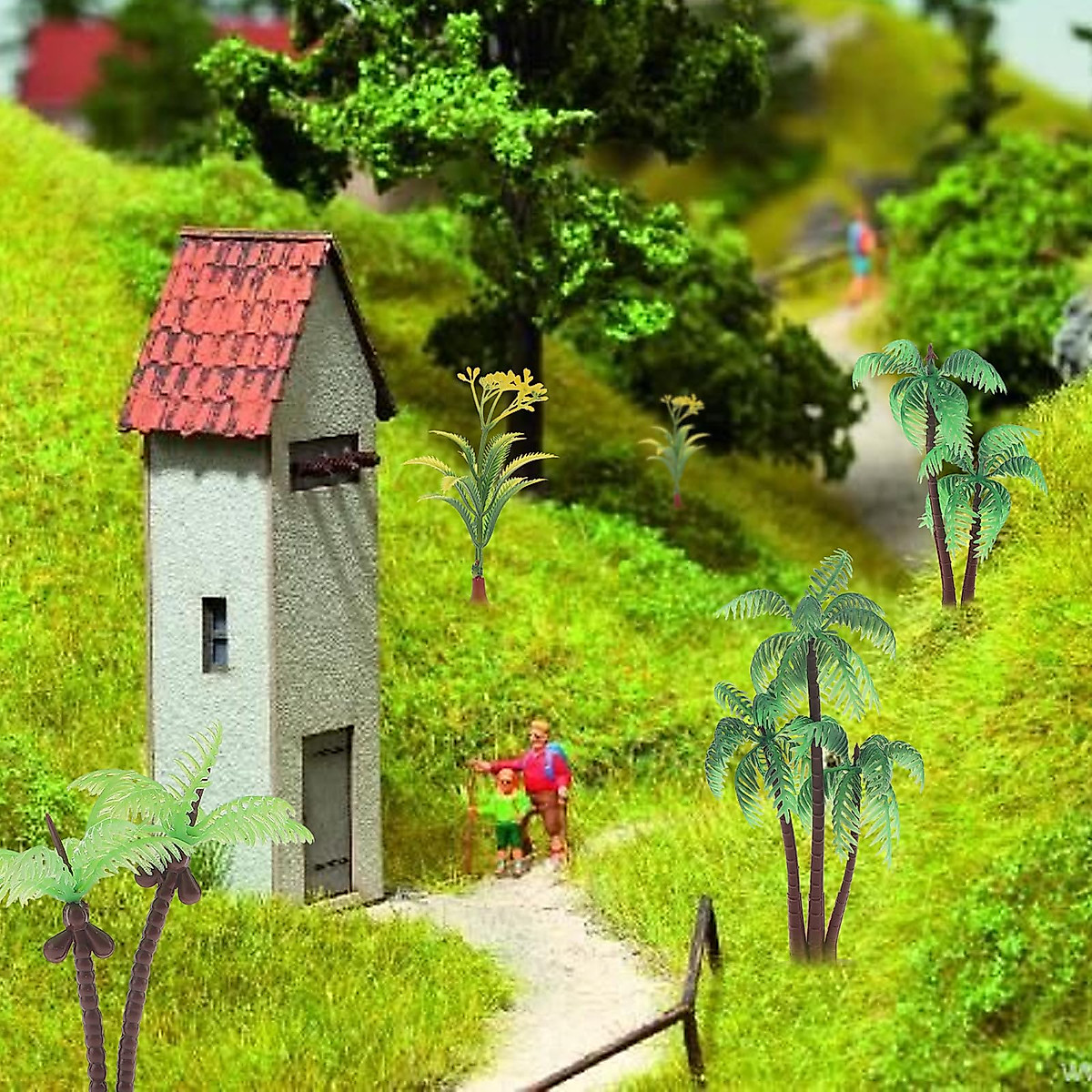 Quancru 10Pcs Miniature Coconut Palm Tree Model Artificial Greenery Plant Decoration DIY Train Railway Building Diorama Sandbox Cake Topper Landscape