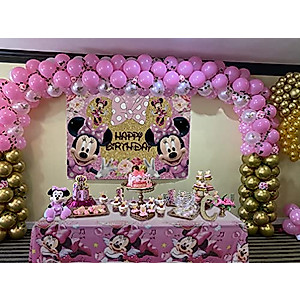 Pink Backdrop and Tablecloth for Girls Birthday Party Decorations Cartoon Birthday Party Photography Background Banner with Table Cover for Girls Party Supplies 5x3FT