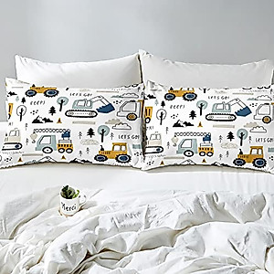 Cartoon Car Kids Comforter Set Construction Bedding Set Decor Equipment Trucks Comforter Cartoon Car Excavator Tractor White Yellow Duvet Set Bedroom Quilt Set 3Pcs Full