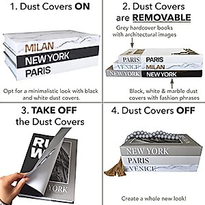 Dual Display Large Premium Decorative Books with Blank Pages, Removable Dust Covers, Wooden Bead Garland and Twine - Set of 3 (Grey) - Neutral and Modern Decorative Book Stack for Home Decor - Fashion Designer Display Books, Faux Books - for Decoration, B