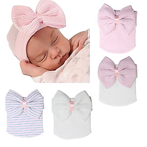 DRESHOW BQUBO 4 Pack Newborn Hospital Hat Infant Baby Hat Cap with Big Bow Soft Cute Knot Nursery Beanie