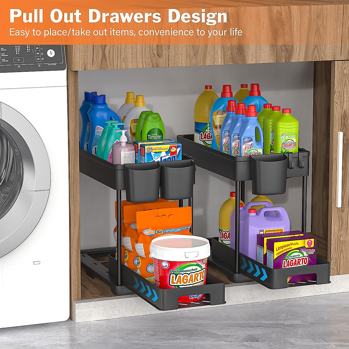 HINZER Under Sink Organizers and Storage, Slide Out Kitchen Cabinet Organizer 2 Tier Bathroom Counter Organizer with Hooks, Hanging Cups, Dividers, Multipurpose Cleaning Supplies Organizer for Home