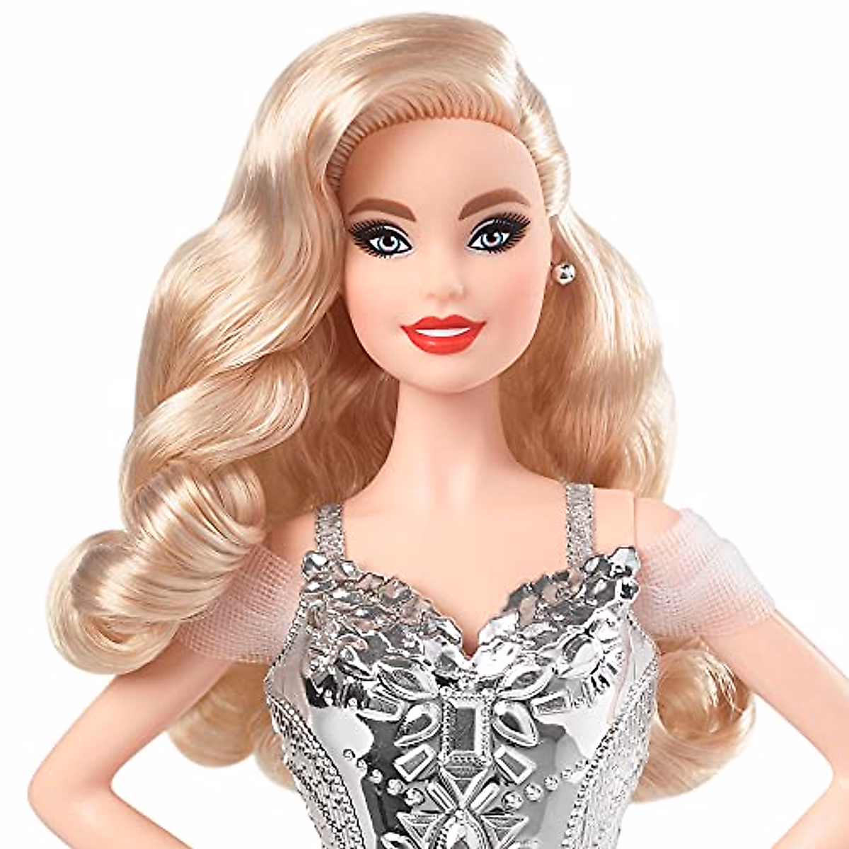 Barbie Signature 2021 Holiday Doll (12-inch, Blonde Wavy Hair) in Silver Gown, with Doll Stand and Certificate of Authenticity, Gift for 6 Year Olds and Up
