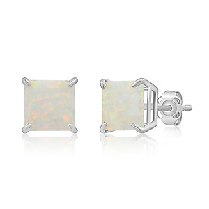 MAX + STONE 14k White Gold Princess Cut Created Opal Square Stud Earrings for Women 7mm Solitaire October Birthstone with Push Backs