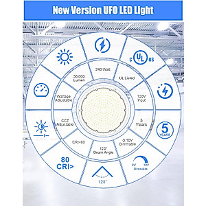KUKUPPO 4 Pack LED High Bay Light 240W 190W 140W Adjustable, 3000K 4000K 5000K Adjustable UFO Bay Light with 5' Cable and Plug, 0-10V Dimmable AC100-277V UL&DLC Listed, White
