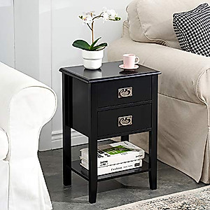 VECELO Nightstands Set of 2 End/Side Tables for Living Room Bedroom Bedside, Vintage Accent Furniture Small Space, Solid Wood Legs, Two Drawers, Black