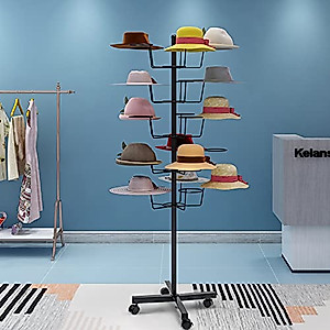 MYOYAY 5-Tier Hat Racks Rotating Metal Hat Display Stand 25 Hats Caps Holders Adjustable Hat Hanger Organizer Free Standing Headwear Wig Rack Metal Floor Rack with 4 Wheels for Caps Wigs Hats