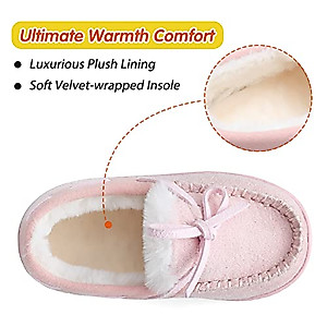 Scurtain Kids Toddler Suede Moccasin Slippers - Lined with Warm Fur, Unisex for Boys & Girls - Pink, Size 6.5