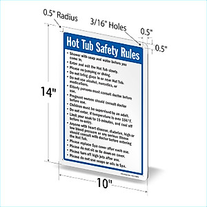 SmartSign 14 x 10 inch “Hot Tub Safety Rules” Metal Sign with Pre-Cleared Holes, 40 mil Laminated Rustproof Aluminum, Blue, Black and White, Made in USA