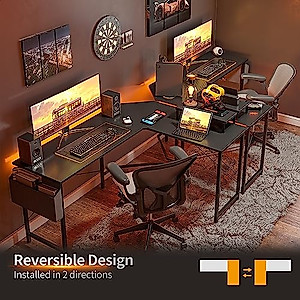CubiCubi L Shaped Gaming Desk, 47.2 inch Computer Corner Desk with with Carbon Fiber Surface and Monitor Shelf for Home Office Study Writing Workstation, Black