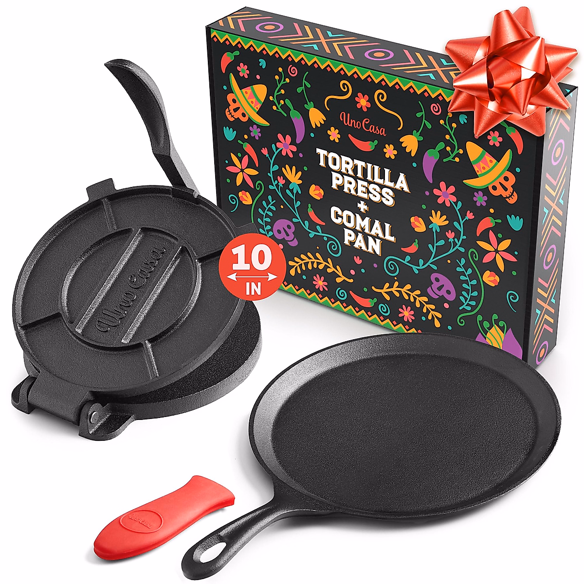 Uno Casa Cast Iron Tortilla Press 10 Inch with Cast Iron Comal Pan - Bundle of Cast Iron Tortilla Skillet for Roti Pan, Tawa Pan, Dosa Pan & Tortilla Press Pataconera