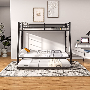 Giantex Twin Over Full Bunk Bed with Trundle, Heavy-Duty Metal Triple Bunk Beds w/Two Side Ladders & Safety Guard Rail, 3 in 1 Bunk Beds for Kids Teens, No Box Spring Needed, Black