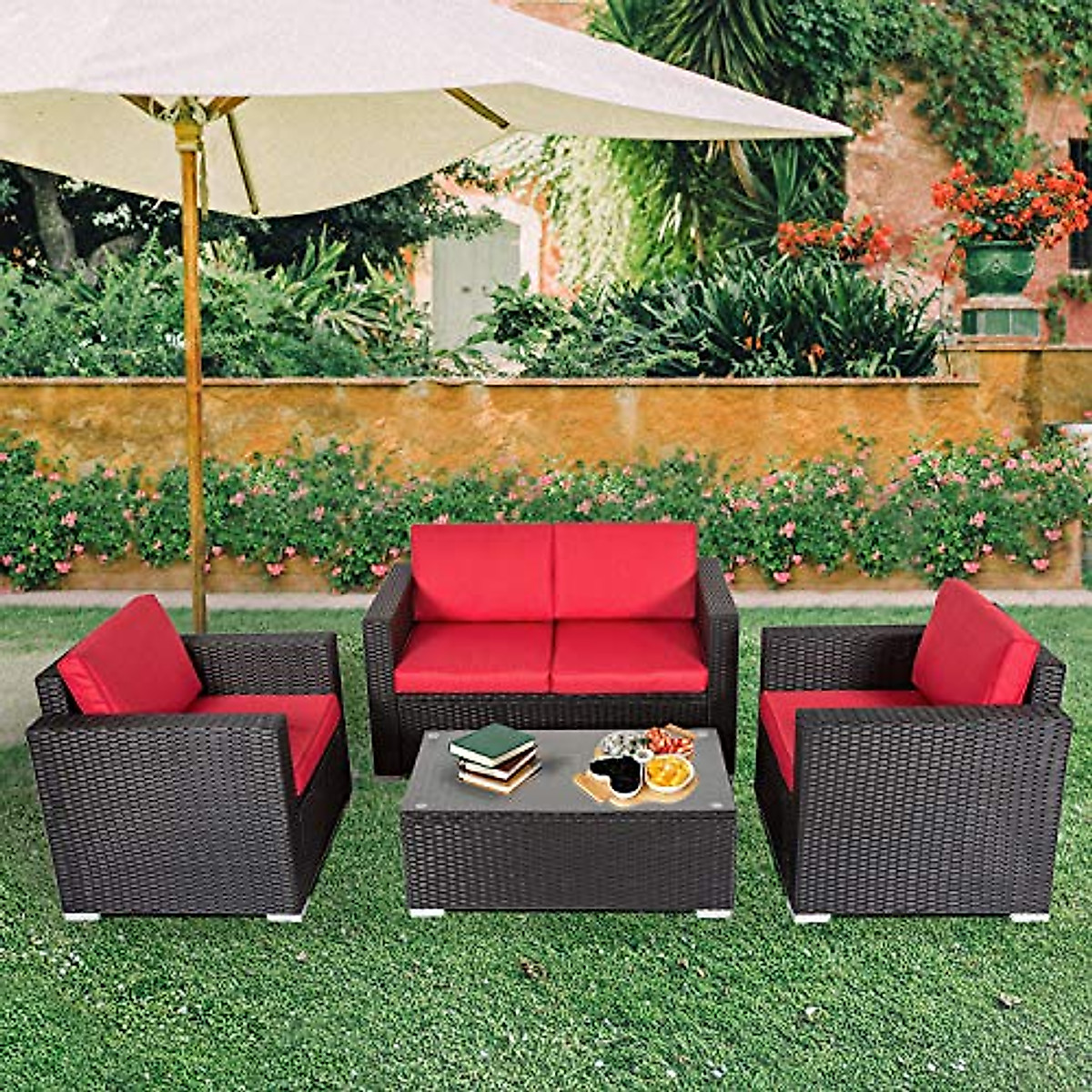 Peach Tree 4 PC Patio Furniture Sets PE Rattan Wicker Sofa Sectional Conversation Set with Washable Cushion and Coffee Table Deck Couch Set for Garden Outdoor(Red)