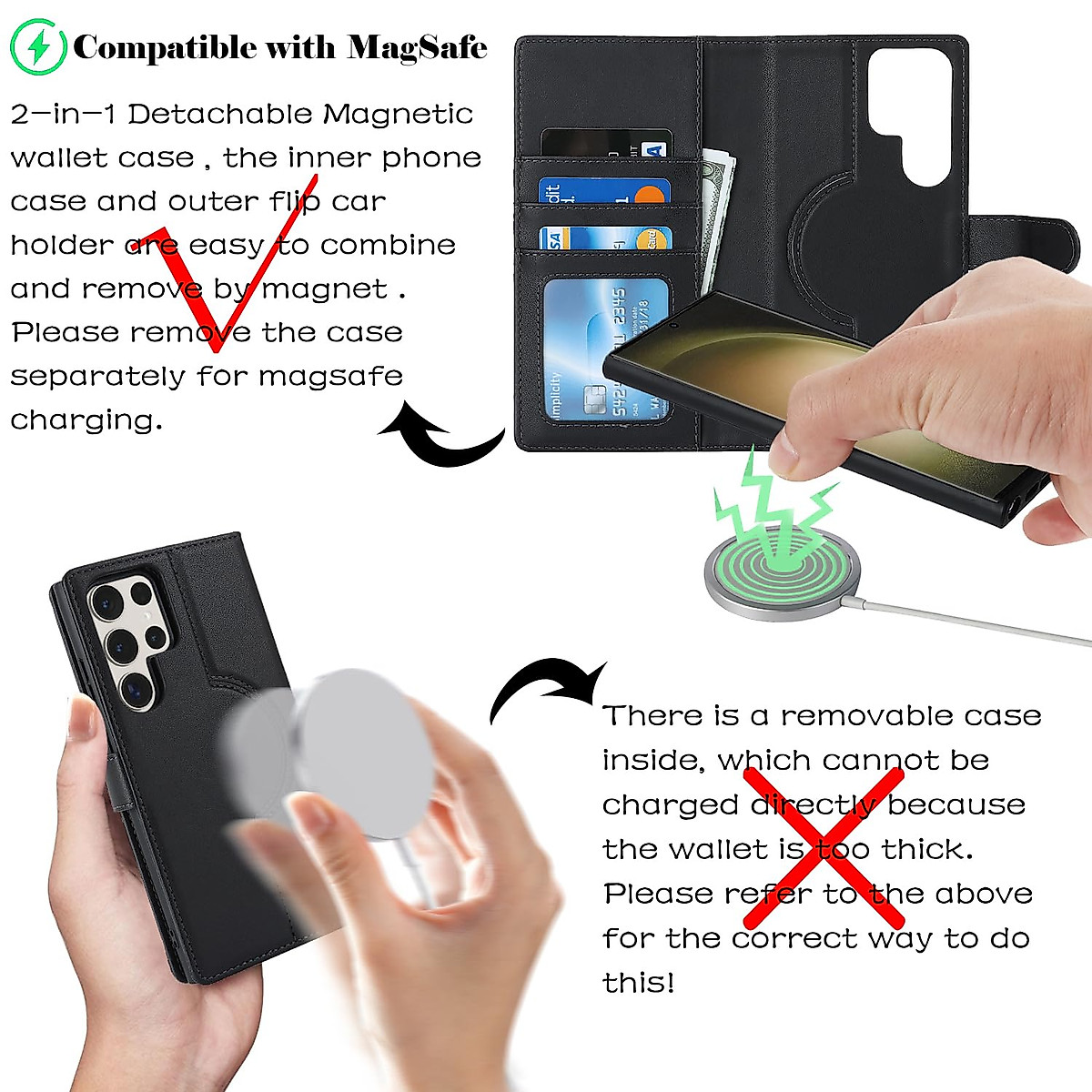 Ｈａｖａｙａ for Samsung Galaxy S23 Ultra Case Wallet magsafe Compatible Galaxy S23 Ultra Wallet case with Card Holder Detachable Magnetic flip Leather Cover for Men and Women-Black