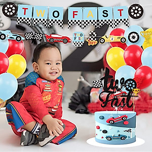 Race Car Two Fast Party Decorations Supplies Racing Theme 2nd Birthday Party Banner Race Car Second Birthday Cake Topper Checkered Flags Balloons for Let's go Racing Theme Sports Event Party Supplies