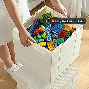 SHIMOYAMA Foldable Duplo Storage Boxes, 2 Pack, 25L Storage Bin with Building Base, 26 Qt. Collapsible Container for Duplo Blocks, White and Yellow