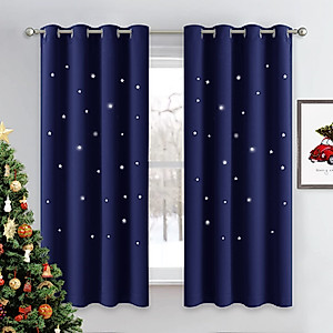 NICETOWN Children Blue Blackout Curtain - Hollow Star Space Inspired Night Sky Twinkle Christmas Star Curtain, Window Drape for Bedroom (1 Panel, 52 x 63 inches Panel, Navy Blue)