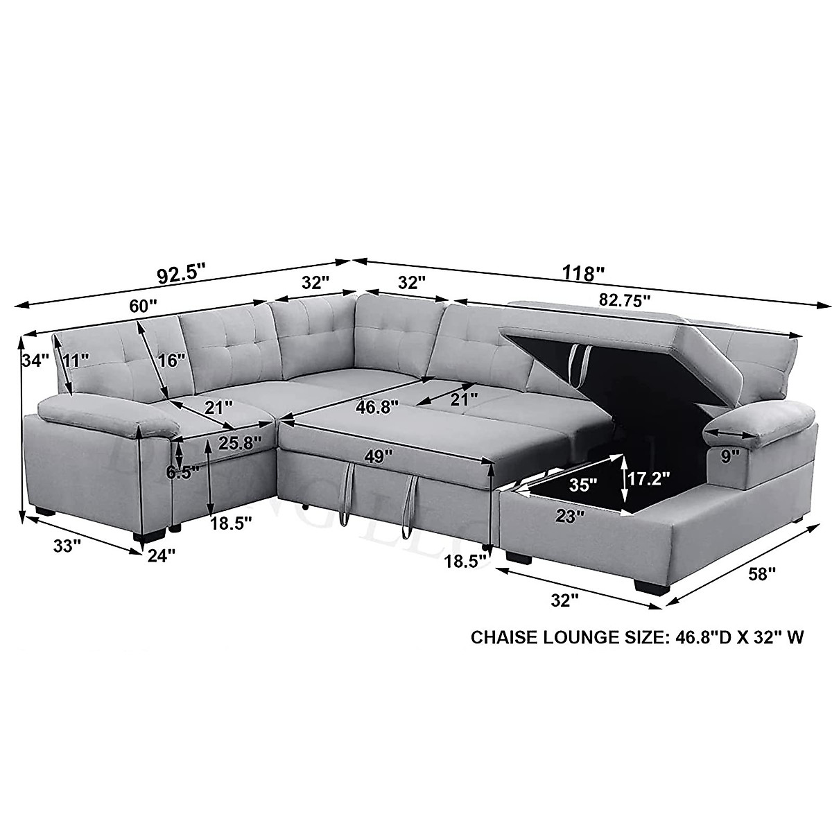 Sleeper Sofa Couch Bed with Pull Out Couch Living Room Set Sectional Sleeper Sofa with Storage Chaise Modular Couch Fabric Sofa Bed in Grey