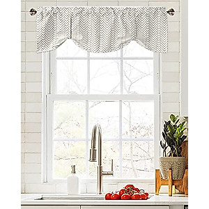 Semi Sheer Valance Adjustable Kitchen Valance for Windows, Modern Herringbone Geometric White and Gold Valances for Bathroom Bedroom Living Room, Tie-up Rod Pocket Decorative Window Curtain 42"x18"