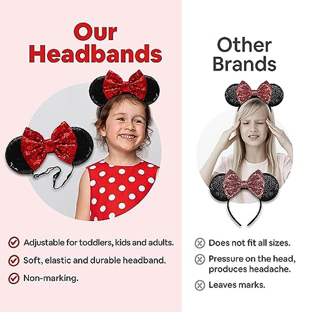 SAMARKAND Shiny Sequin Minnie Bow Headbands - Elastic, Adjustable, and Headache-Free - Glitter Mouse Ears for Girls and Women (Classic)