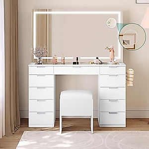 YITAHOME Vanity Desk Set with Large LED Lighted Mirror & Power Outlet, Glass Top Vanity with 11 Drawers and Magnifying Glass, 46'' Large Makeup Vanity with Storage Bench, White Vanity for Bedroom