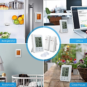 Refrigerator Thermometer, Wireless Digital Freezer Thermometer with 2 Sensors, Audible Alarm, Min and Max Record, Large LCD Display for Home, Restaurants, Bars (Battery not Included)