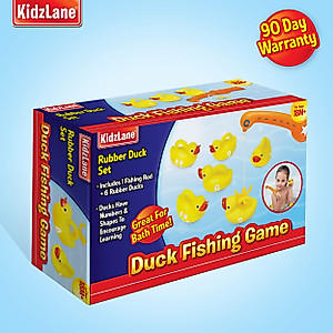 Kidzlane Bathtub Toys Fishing Game - 1 Toy Fishing Pole and 6 Rubber Ducks - Teaches Numbers & Shapes - Great Learning bath toy for Babies, Toddlers & Kids